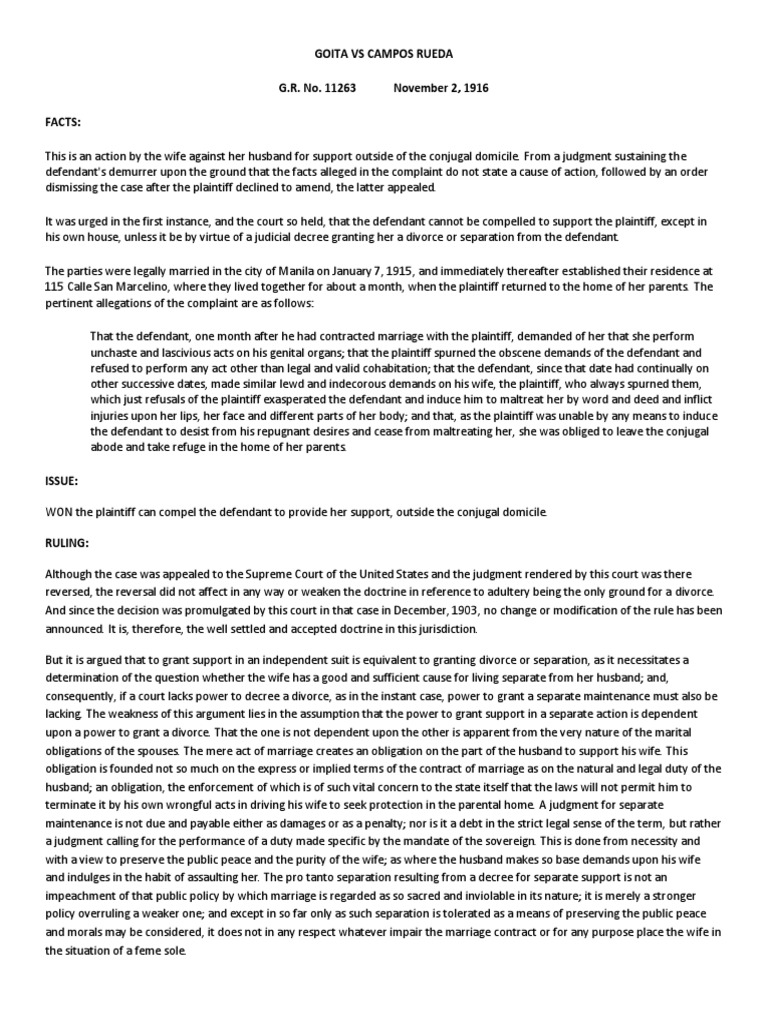 Goita Vs Campos Rueda - G.R. No. 11263-Case Digest | PDF | Divorce | Wife
