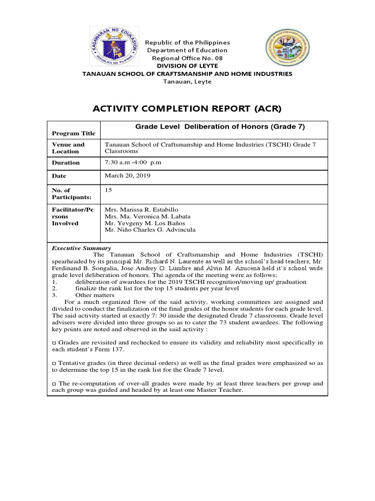 Activity Completion Report (Acr) : Division of Leyte Tanauan School of ...