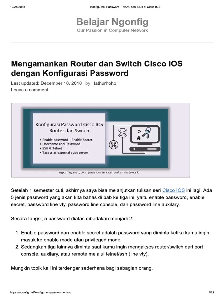 Konfigurasi Password, Telnet, Dan SSH Di Cisco IOS | PDF