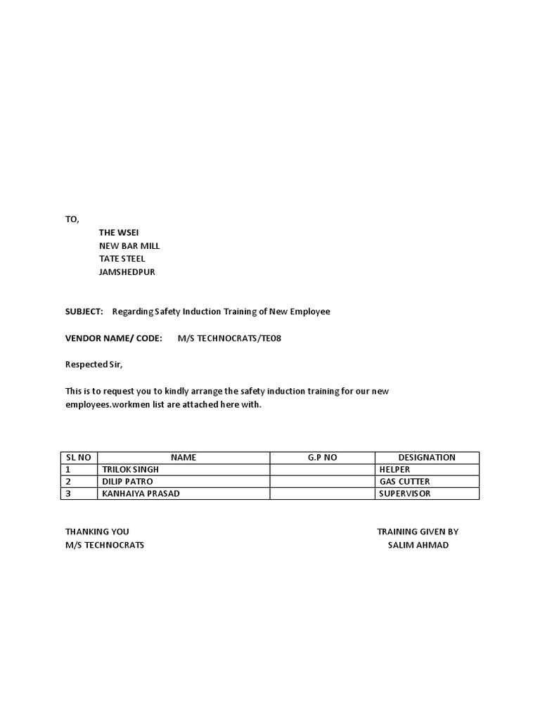 Safety Induction Format | PDF