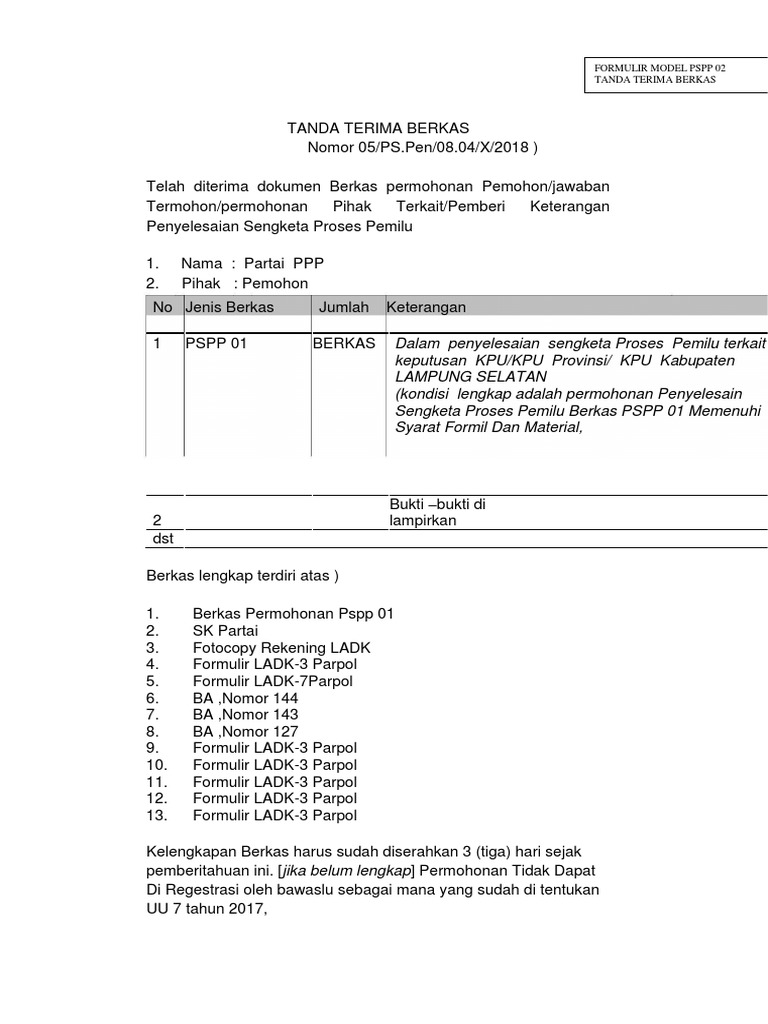 Tanda Terima Berkas PSPP Pemilu | PDF