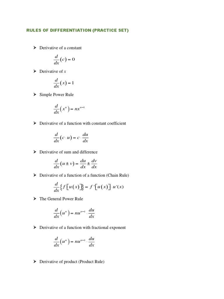 Rules of Differentiation (Practice Set) | PDF | Derivative | Functions ...