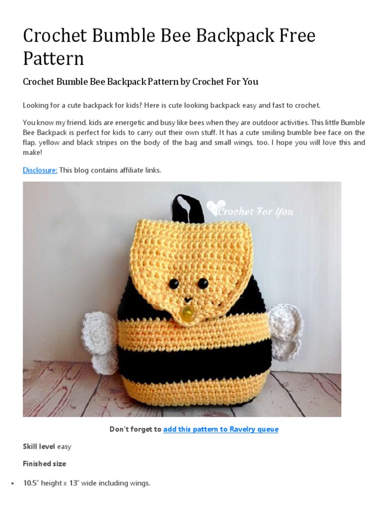 Crochet Bumble Bee Backpack Pattern by Crochet For You | PDF | Crochet ...
