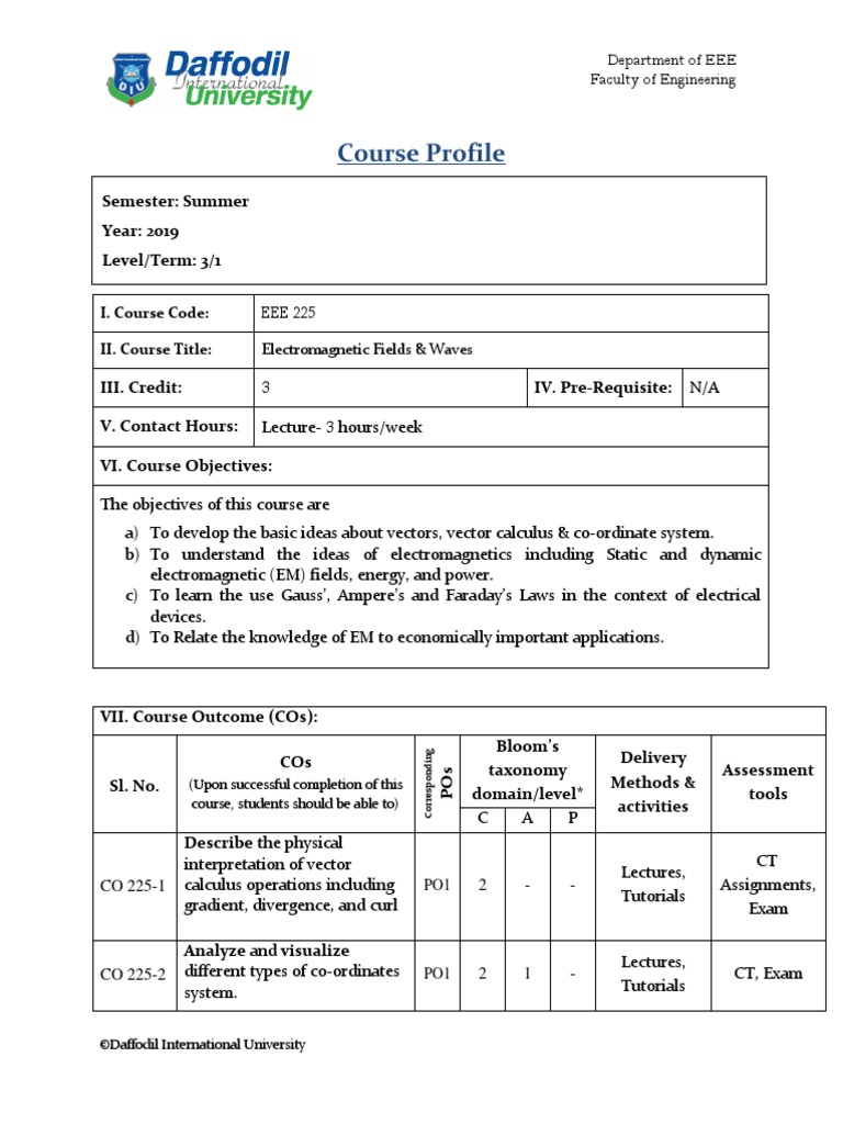 Course Profile EEE 225 Updated | PDF | Electric Field | Maxwell's Equations