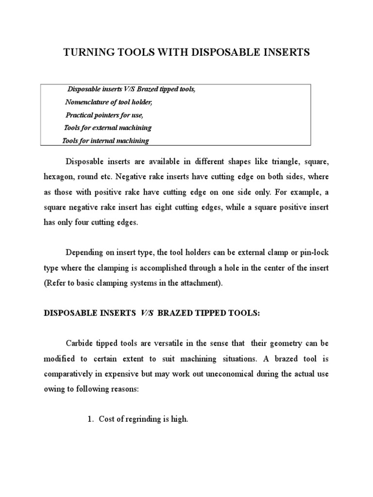 Turning Tools With Disposable Inserts | PDF | Machining | Metals