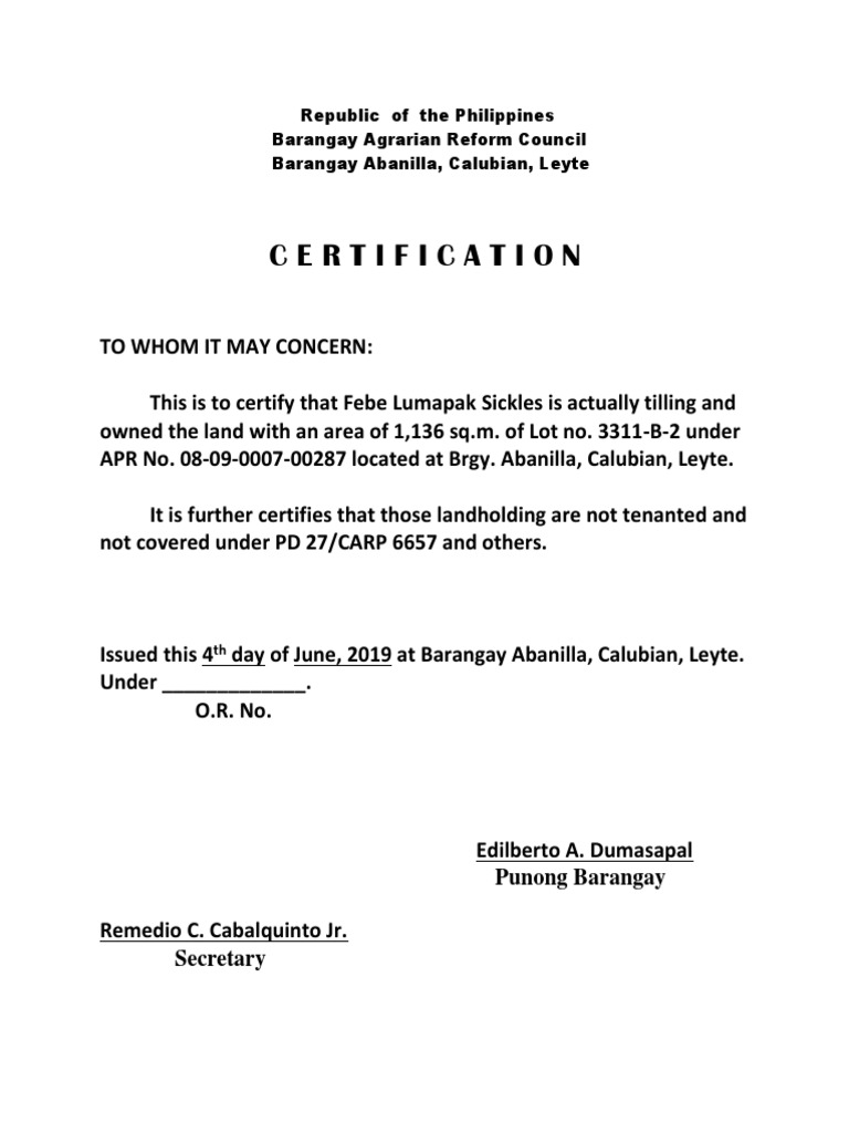 Certification of Land Ownership in Leyte | PDF