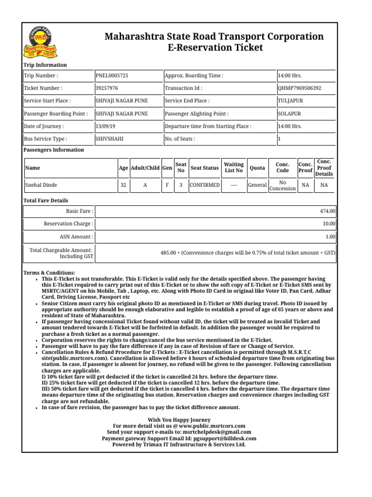 Maharashtra State Road Transport Corporation E-Reservation Ticket | PDF ...