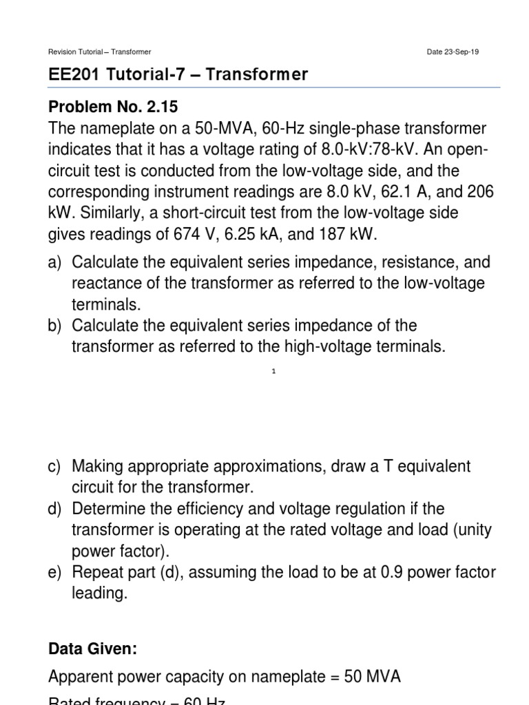 EE201 Tutorial-7 Transformer 23sep19 PDF | PDF | Transformer | Inductance