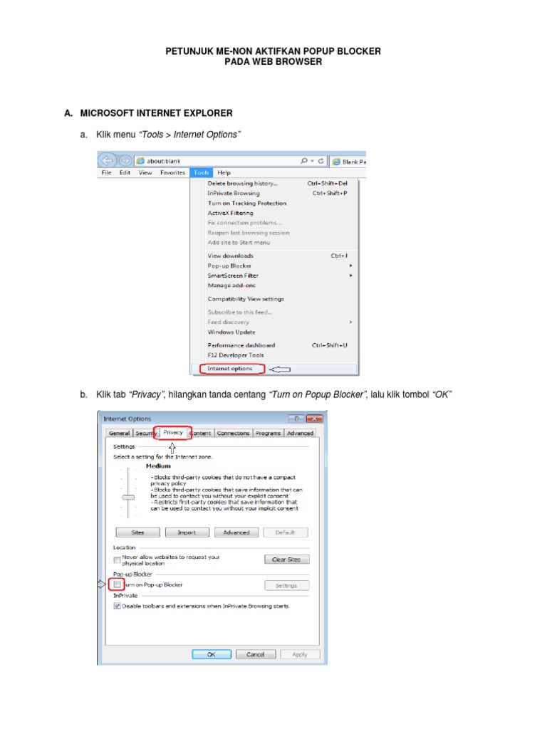 A. Klik Menu "Tools Internet Options": Petunjuk Me-Non Aktifkan Popup ...