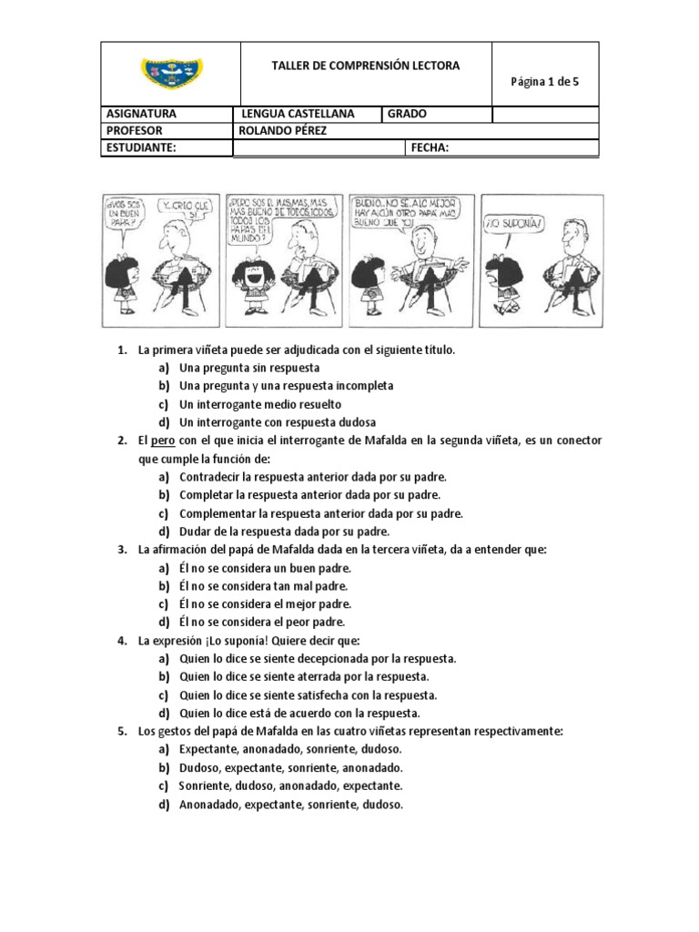 Comprensión Lectora Mafalda | Cómics | Comprensión lectora