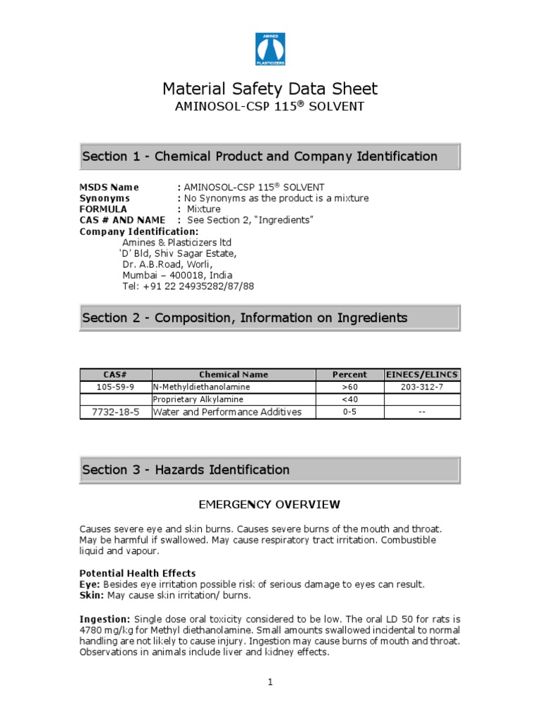 Msds Aminosol CSP 115 | PDF | Personal Protective Equipment | Combustion