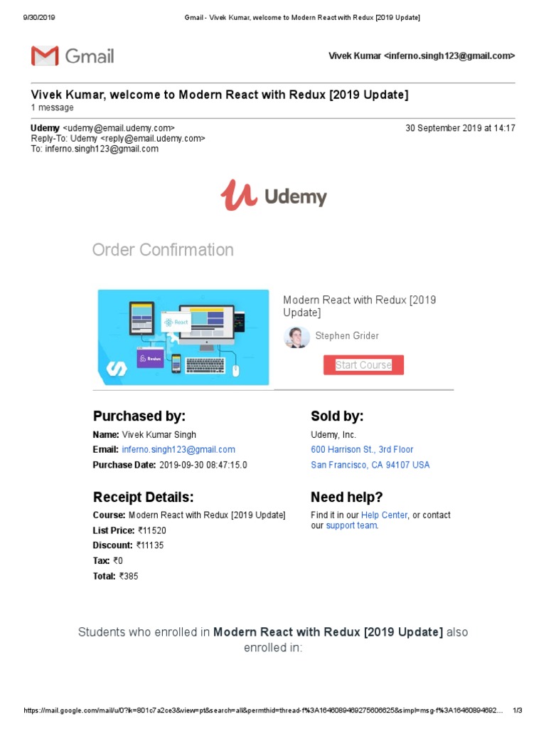 Udemy Receipt for Modern React Course | PDF