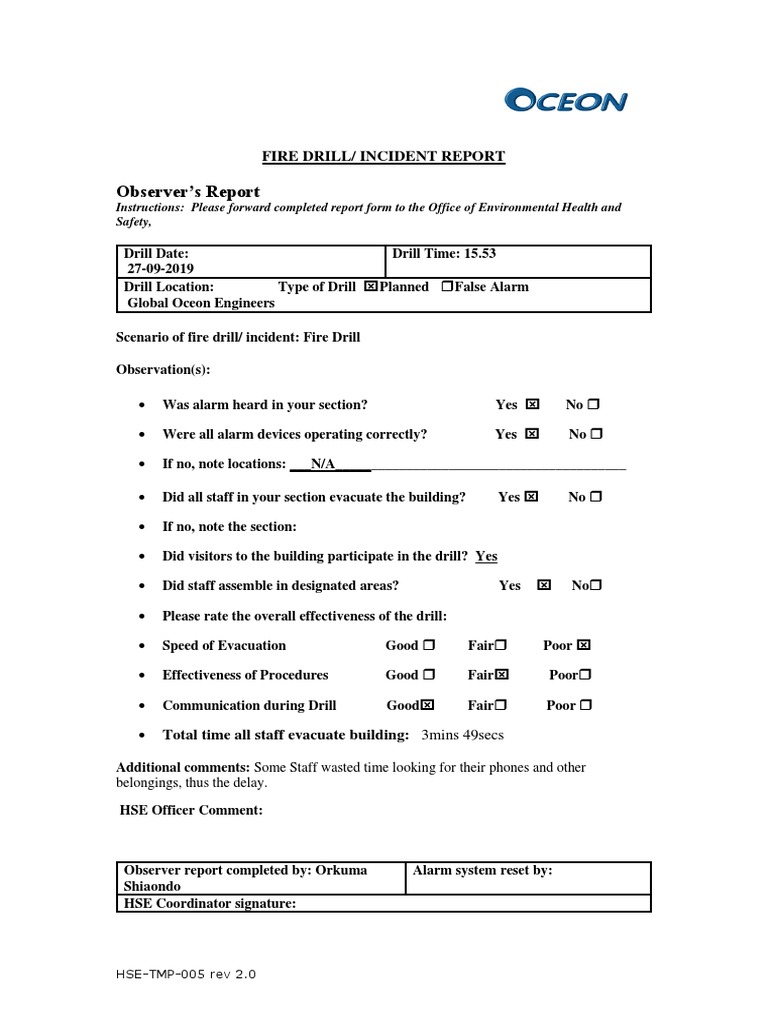Fire Drill Report: Global Oceon Engineers | PDF
