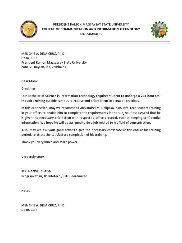Endorsement Letter For OJT Sample | PDF | Doctor Of Philosophy | Titles