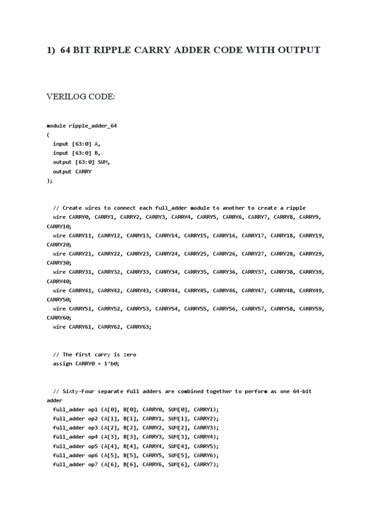 1) 64 Bit Ripple Carry Adder Code With Output | PDF | Arithmetic | Electronics