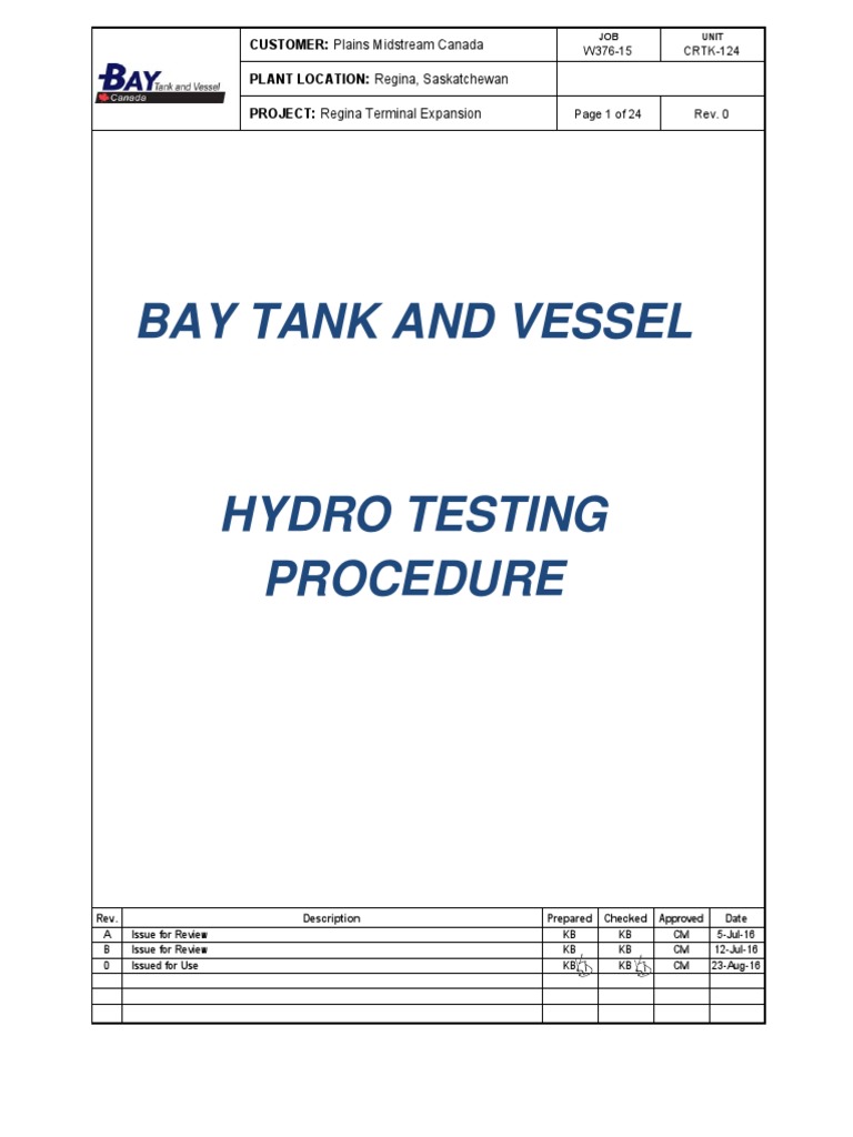 Bay Tank Hydro Testing Procedure | PDF | Valve | Hydropower