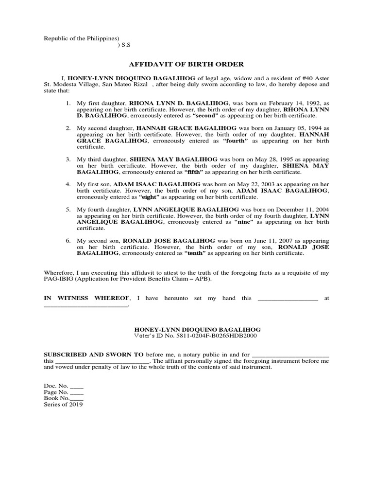 Affidavit Birth Order | PDF | Affidavit | Legal Procedure