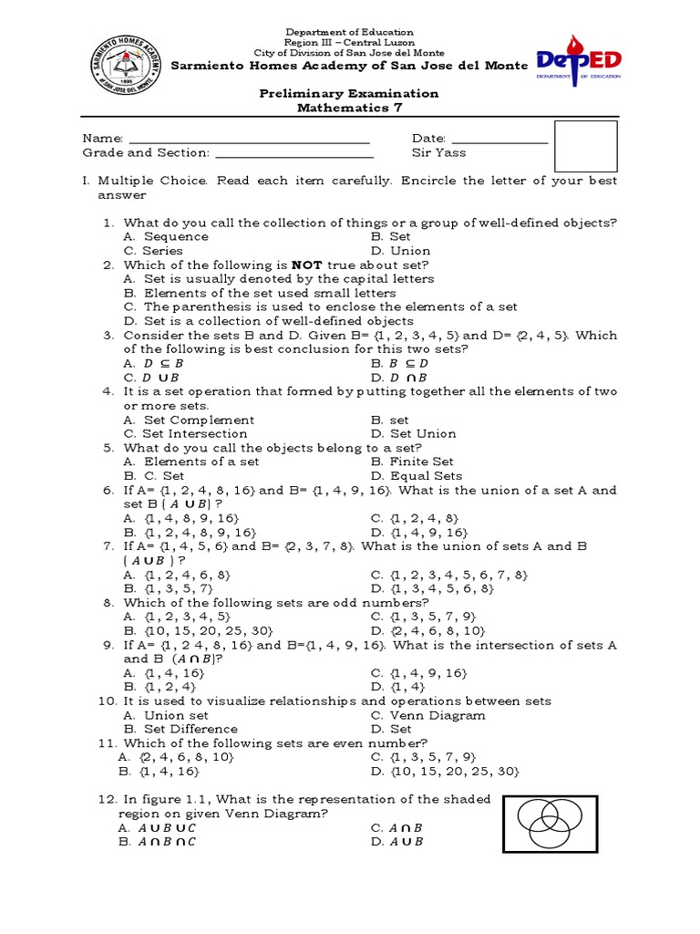 1st Preliminary Exam - Math 7 | PDF | Set (Mathematics) | Rational Number