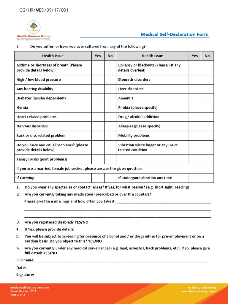 Medical Self-Declaration Form: HCG/HR/MED/09/17/001 | PDF | Alcoholism ...