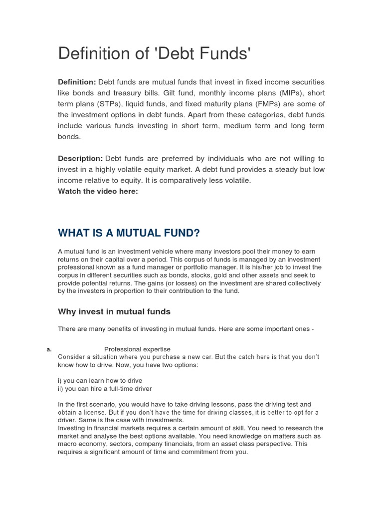 Definition of 'Debt Funds': What Is A Mutual Fund? | PDF | Investment ...