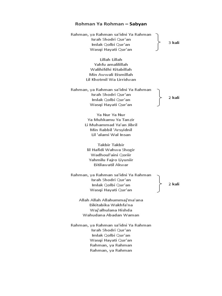 Lirik Lagu Rohman Ya Rohman | PDF