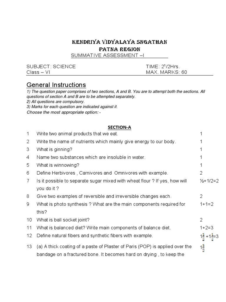 CBSE Class 6 SA1 Science Model Question Paper | PDF | Vitamin | Plants