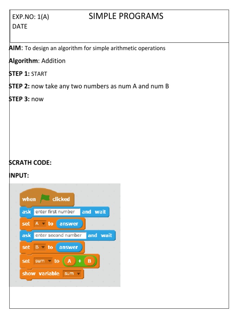 Simple Programs: AIM Algorithm: Addition Step 1: STEP 2: Now Take Any Two Numbers As Num A and ...