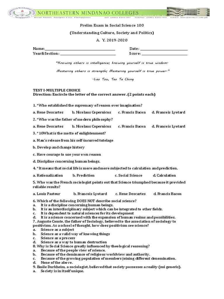 Social Science 100 Questionnaire UNITI | PDF | Sociology | Capitalism