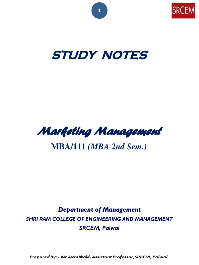Marketing Management Study Notes | PDF | Sales | Marketing