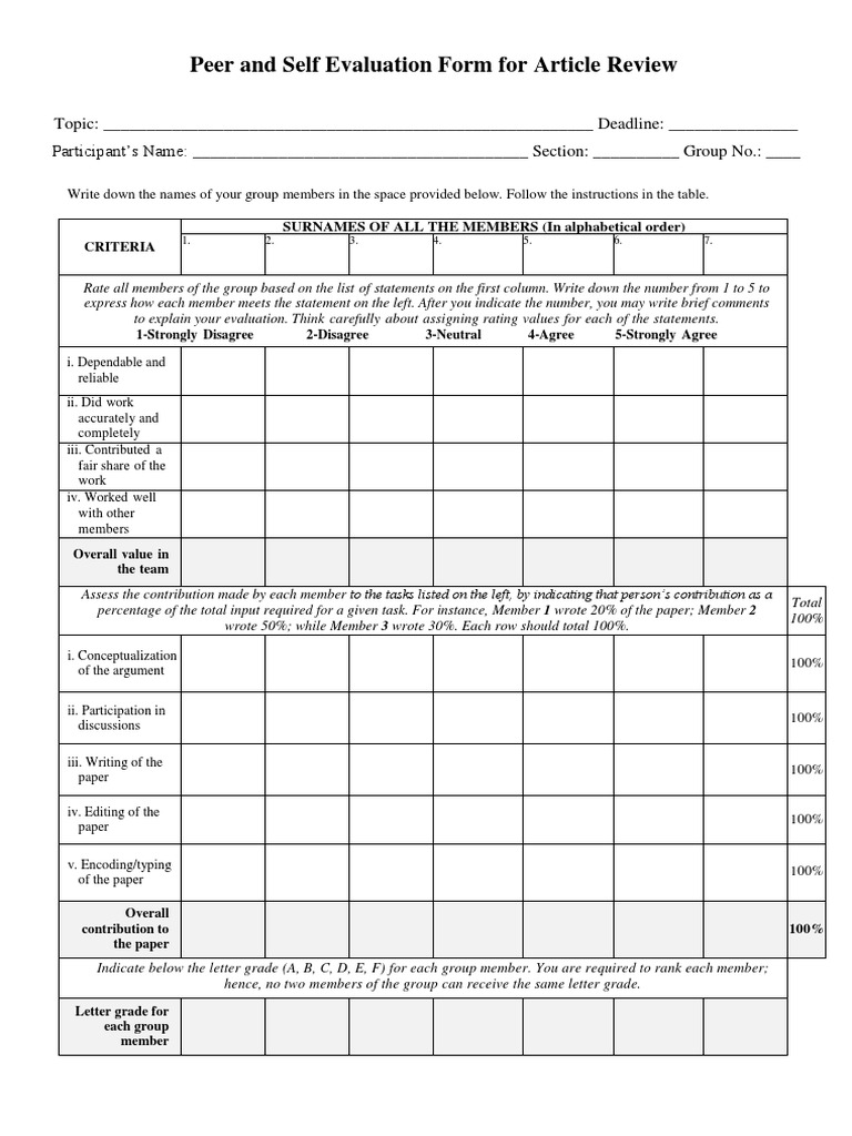 Peer and Self Evaluation for Articles | PDF | Cognition | Learning
