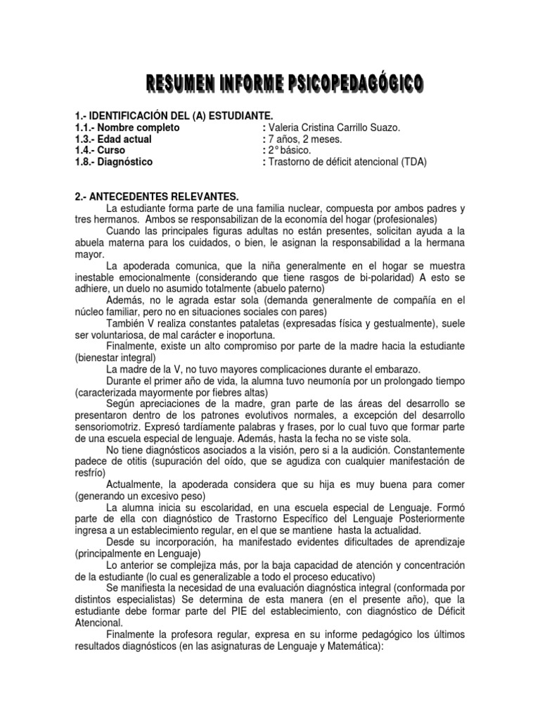 Informe Psicopedagogico Alumno Tea | PDF | Aprendizaje | Ciencia cognitiva