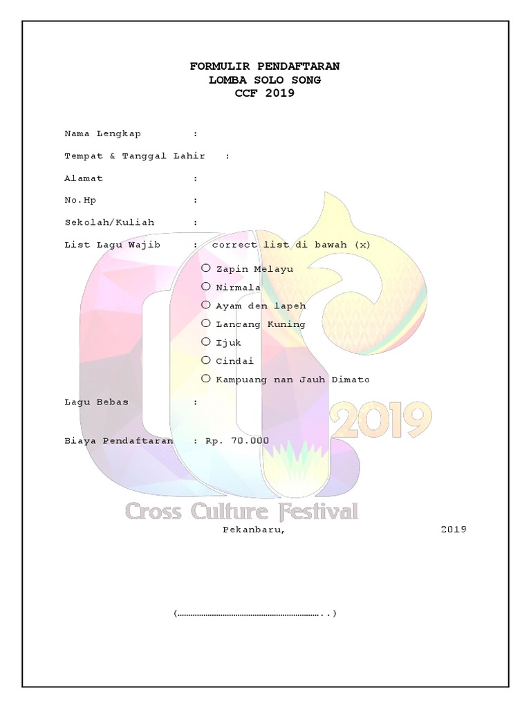 Formulir Pendaftaran Solo Song CCF 2019 | PDF