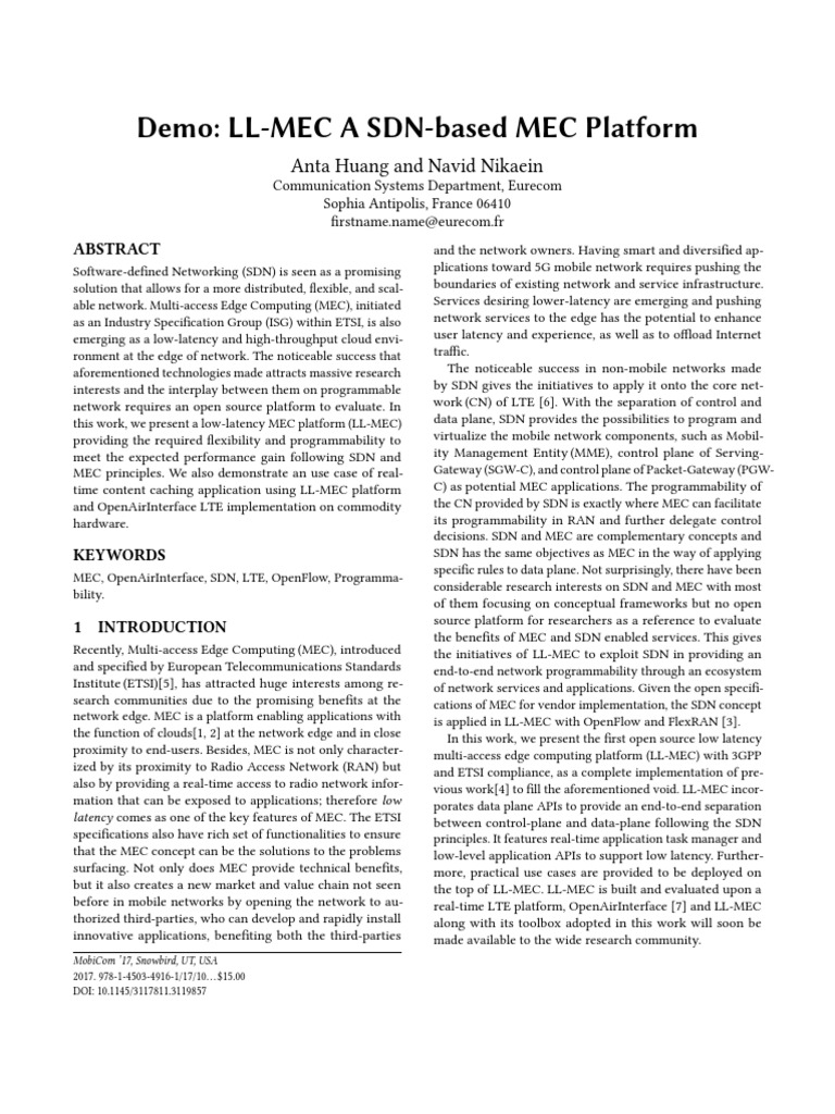 Demo: LL-MEC A SDN-based MEC Platform: Anta Huang and Navid Nikaein ...