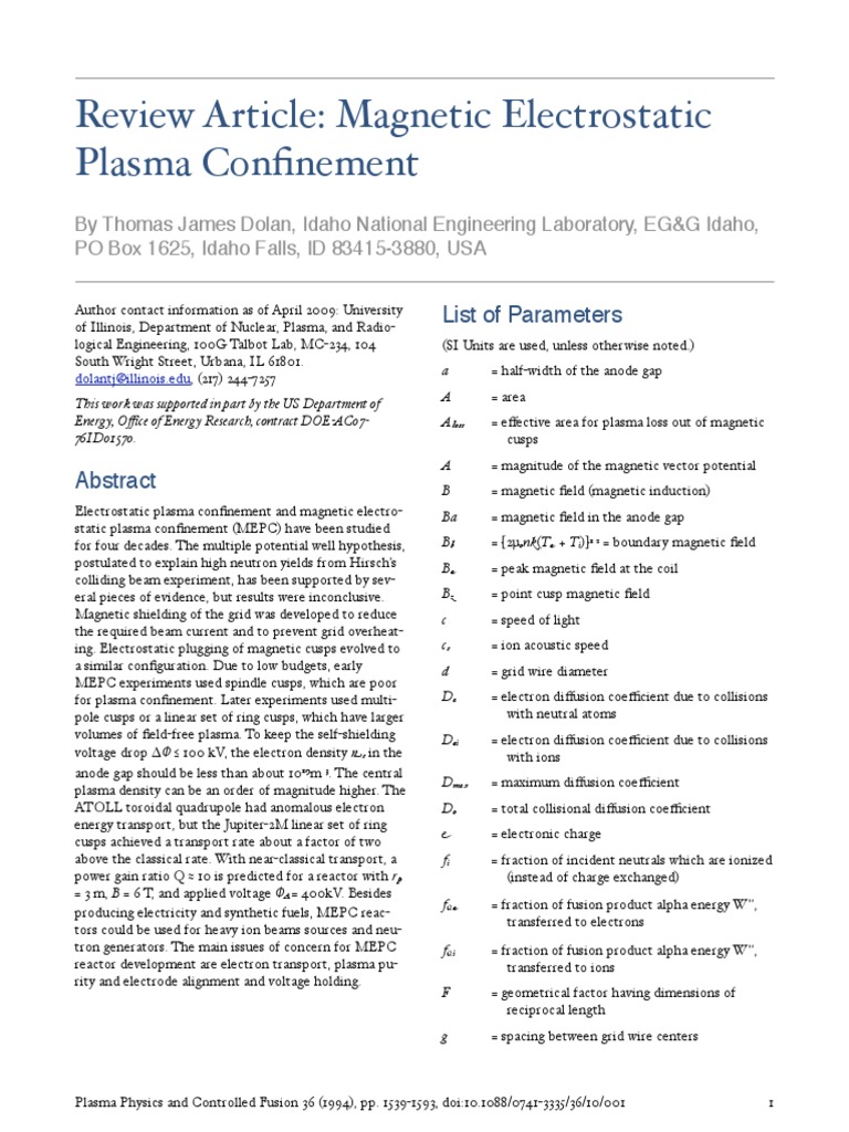 Magnetic Electrostatic Plasma Confinement | Download Free PDF | Plasma ...