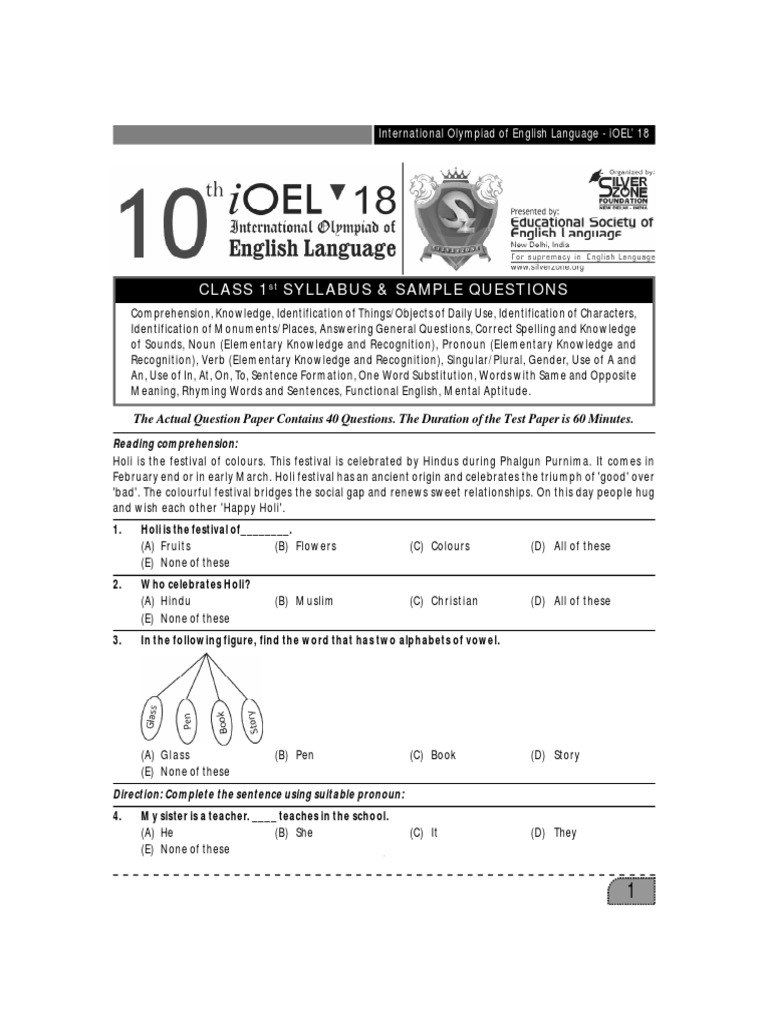 iOEL'18 sample questions on comprehension, grammar and vocabulary | PDF ...