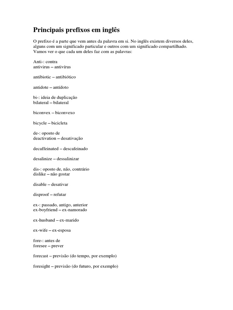 Principais Prefixos Em Inglês | Adjetivo | Morfologia Linguística