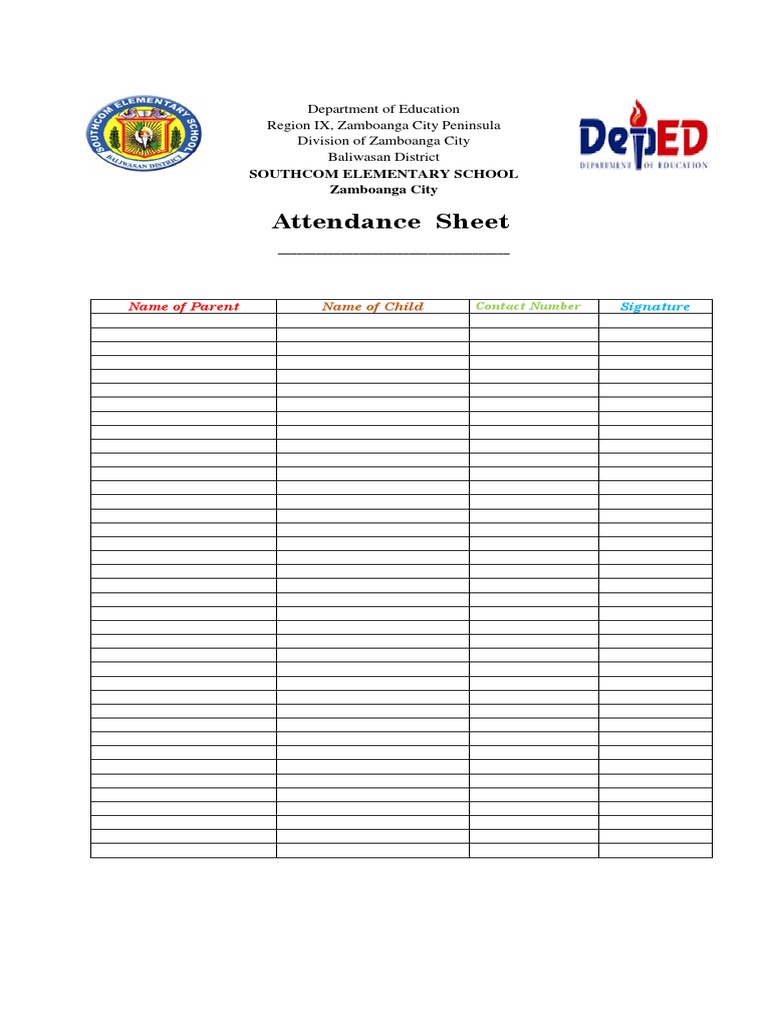 Attendance Sheet: Southcom Elementary School Zamboanga City | PDF