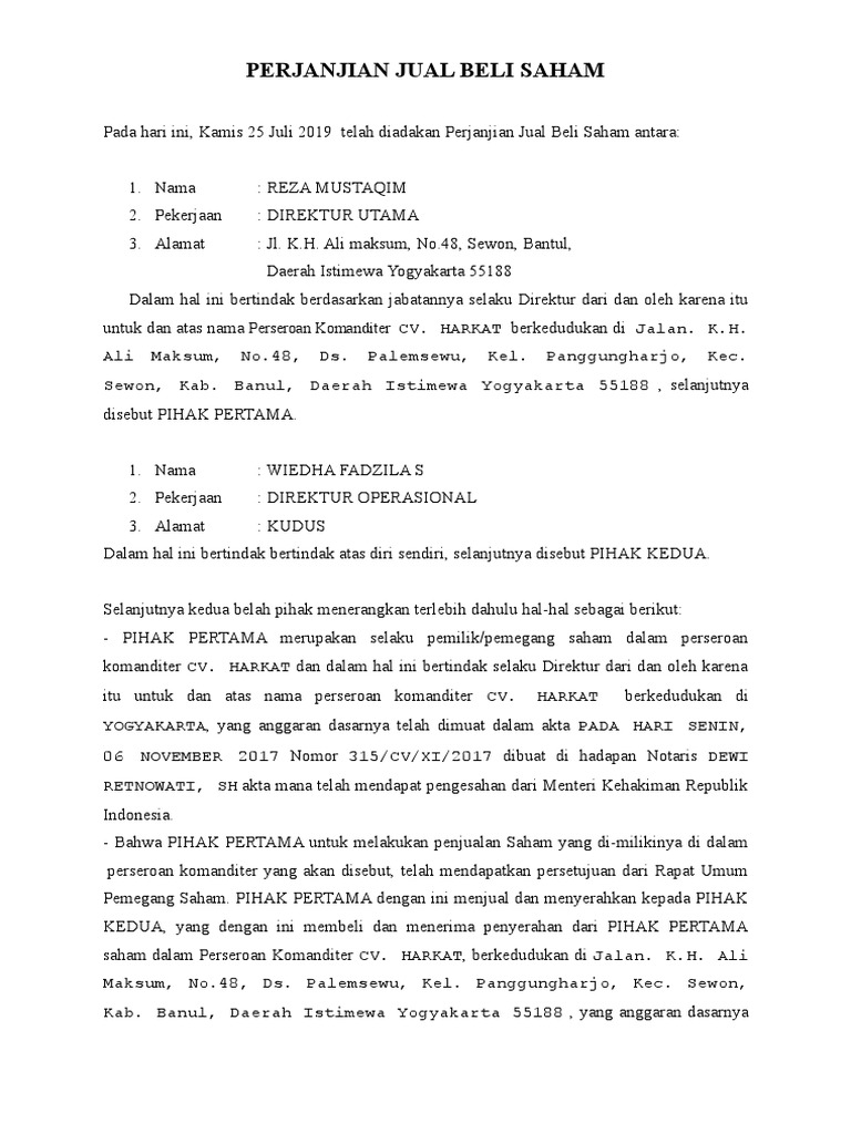 Surat Perjanjian Jual Beli Saham | PDF