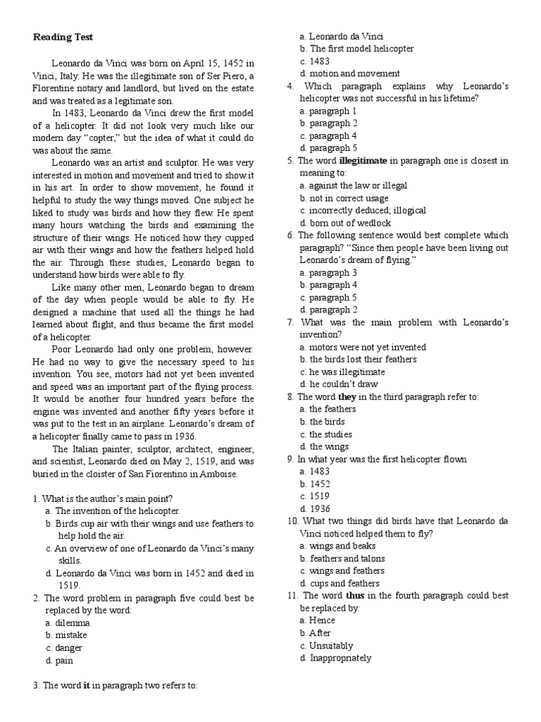 Reading Test | PDF | Yarn | Leonardo Da Vinci