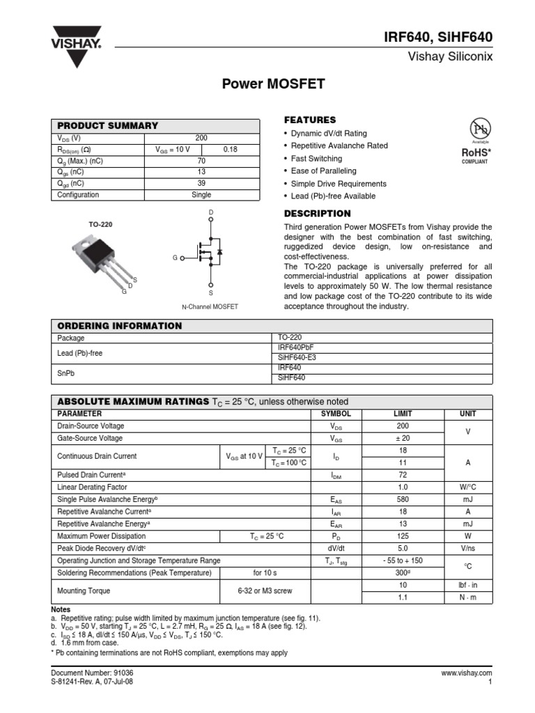 Irf640, Sihf640: Vishay Siliconix | PDF | Diode | Mosfet