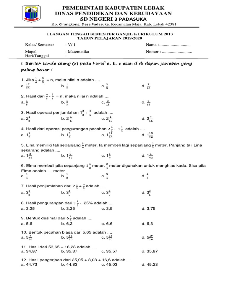 Soal PTS (UTS) Matematika Kelas 5 Semester 1 K13 | PDF