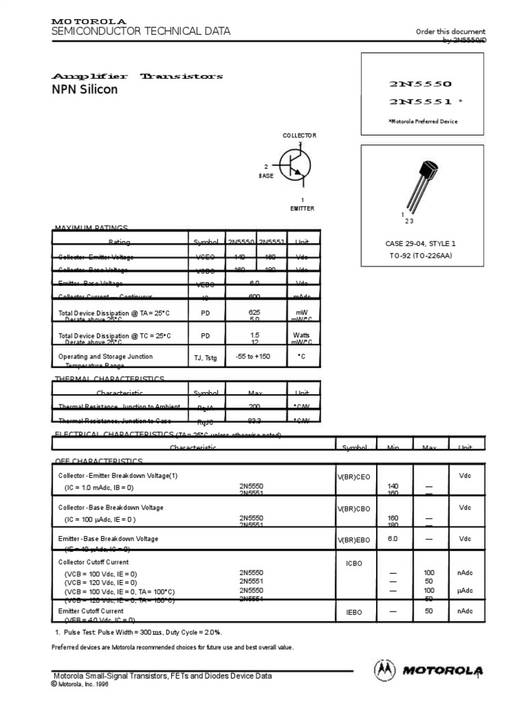 MOTOROLA 2N5550/2N5551 AMPLIFIER TRANSISTORS TECHNICAL DATA | PDF ...
