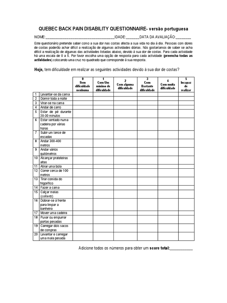 Quebec Back Pain Disability Scale - PT | PDF