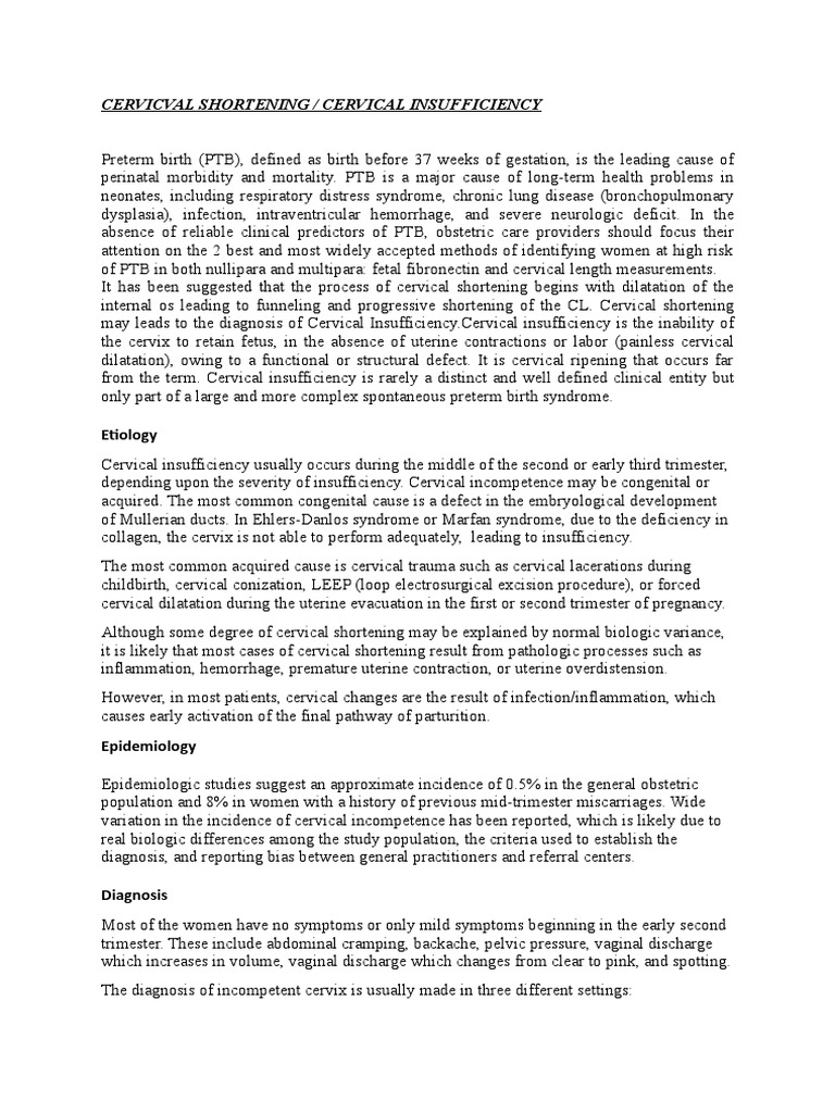 Cervicval Shortening / Cervical Insufficiency: Etiology | PDF | Preterm ...