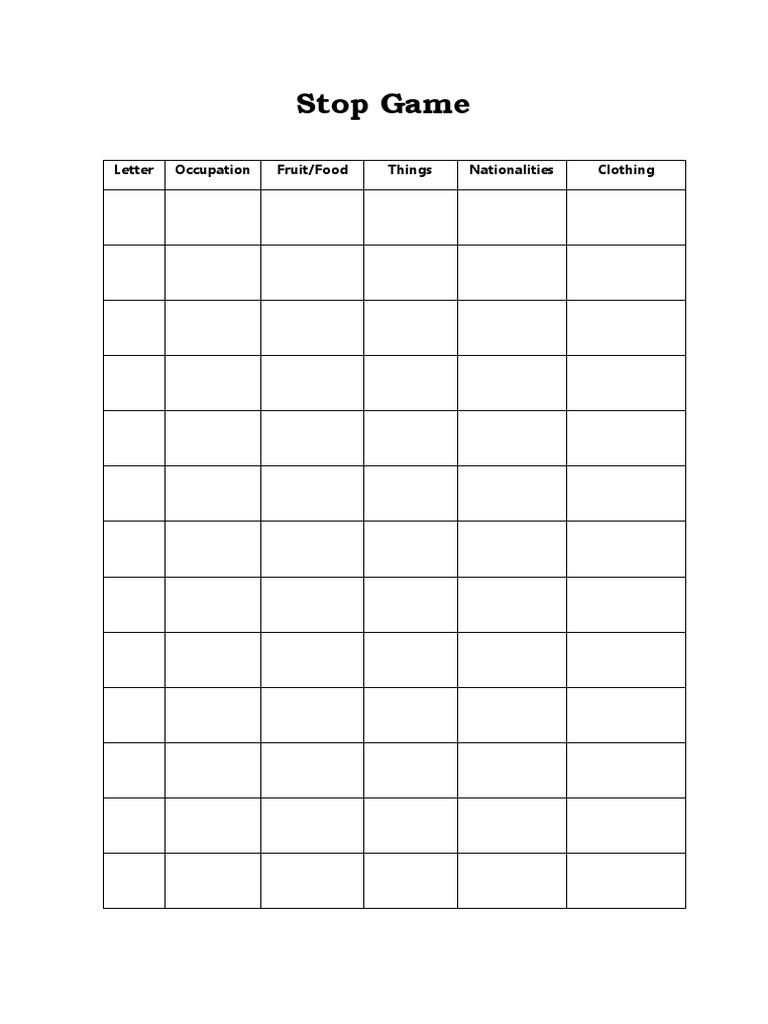 Stop Game: Letter Occupation Fruit/Food Things Nationalities Clothing | PDF