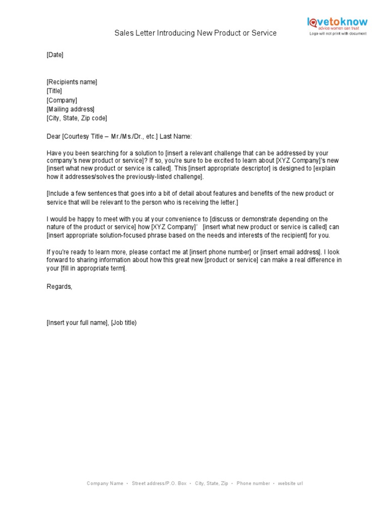 Lovetoknow: Sales Letter Introducing New Product or Service | PDF