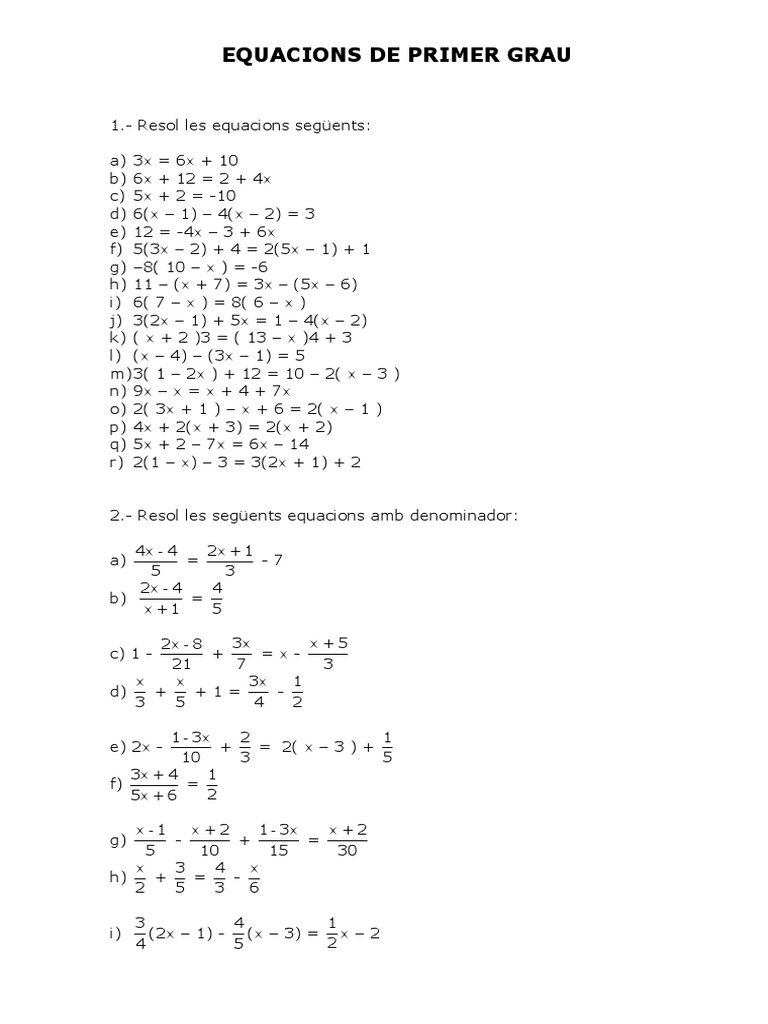 Equacions de Primer Grau | PDF