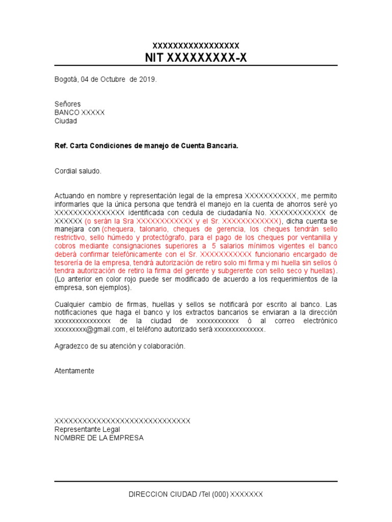 Modelo Carta Condiciones de Manejo de Cuenta Bancaria2 | PDF Modelo Carta Condiciones de Manejo de Cuenta Bancaria2 | PDF