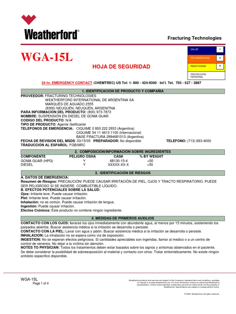 MSDS Wga-15l (S) PDF | PDF | Administración de Seguridad y Salud Ocupacional | Residuos