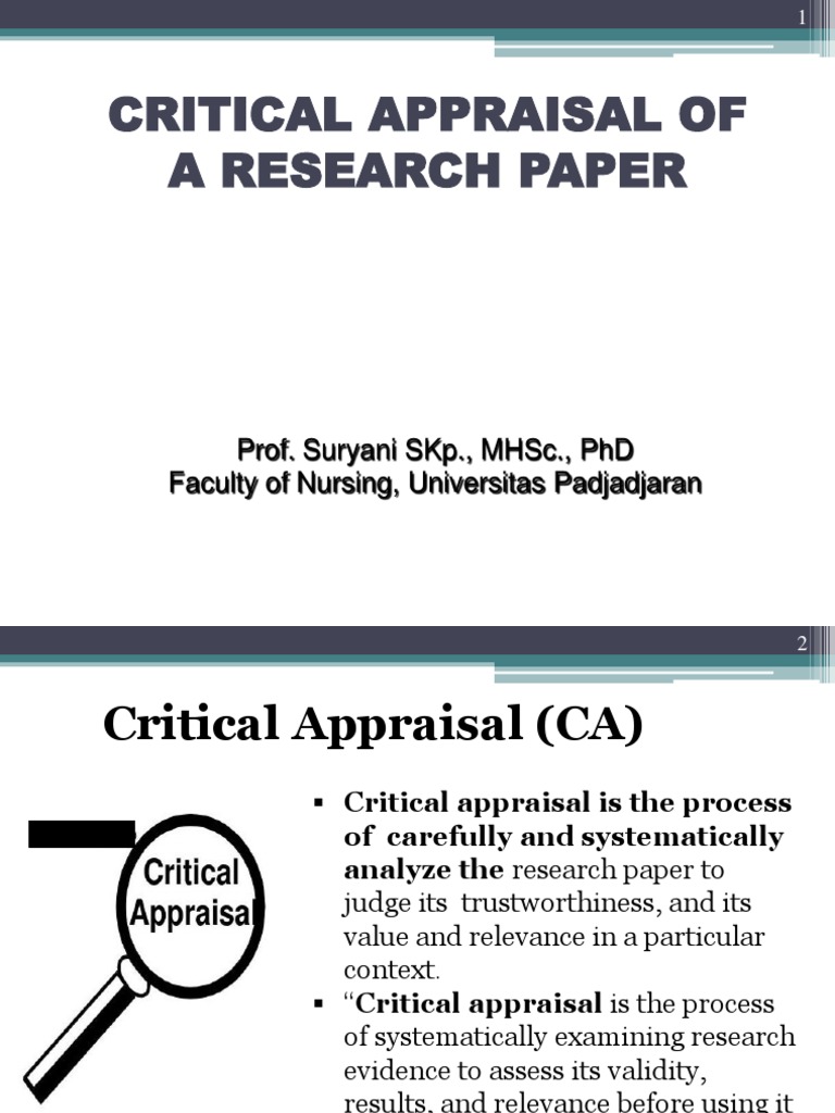 Critical Appraisal of A Research Paper: Prof. Suryani SKP., MHSC., PHD ...